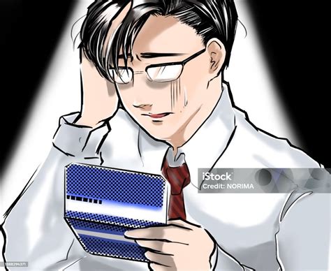 안경을 쓴 젊은 직장인의 만화 스타일의 일러스트는 균형이 부족한 통장을 보고 충격을 받고 창백합니다 감상성에 대한 스톡 벡터