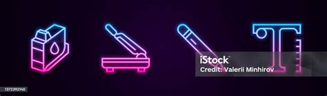 설정 라인 프린터 잉크 카트리지 종이 커터 지우개와 텍스트 연필 빛나는 네온 아이콘 벡터 0명에 대한 스톡 벡터 아트 및 기타 이미지 Istock