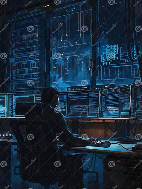 A Hacker Works Intently At A Desk In A Dimly Lit Room Analyzing Data Across Several Glowing