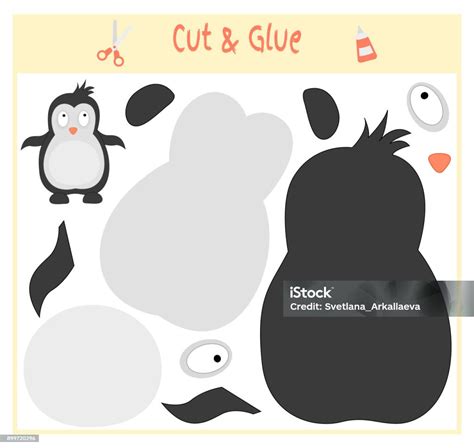 교육 종이 취학 전 어린이의 개발을 위한 게임 이미지와 종이에 접착제의 부분을 잘라 벡터 일러스트입니다 가 위와 접착제를 사용 하 여 만들는 아플 리 케 펭귄 Test