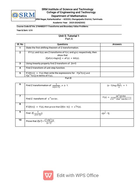 Unit 5 Tutorial 1 Tbvp Srm Tutorial Pdf Mathematical Physics Mathematical Relations