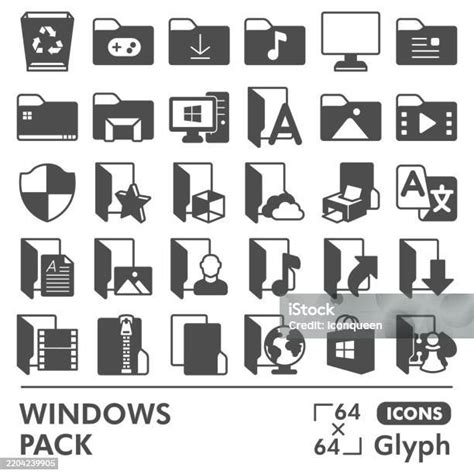 Windows 시스템 컬렉션 또는 스케치 웹 및 앱용 글리프 스타일 기호의 Windows 팩 테마 흰색 배경에 고립된 벡터 그래픽입니다 Html에 대한 스톡 벡터 아트 및