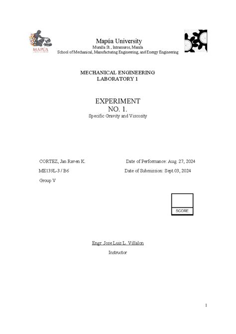 Title page ME lab ME LAB Mechanical Engineering Laboratory 1 Mapúa University Muralla St