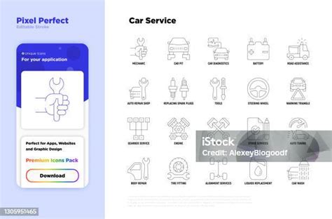 자동차 서비스 얇은 라인 아이콘 세트 정비사 자동차 구덩이 컴퓨터 진단 도로 지원 배터리 신체 수리 타이어 피팅 스파크 플러그 교체 픽셀 완벽 편집 가능한 스트로크 벡터