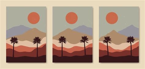 세 가지 추상 미학 중반 세기 현대 풍경 현대 Boho 포스터 표지 템플릿 예술 인쇄 엽서 벽지 벽 예술에 대한 최소한의 자연