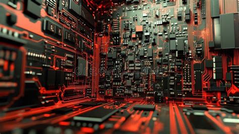 Abstract Technological Cityscape Made Of Glowing Red Circuit Board Patterns Resembling A