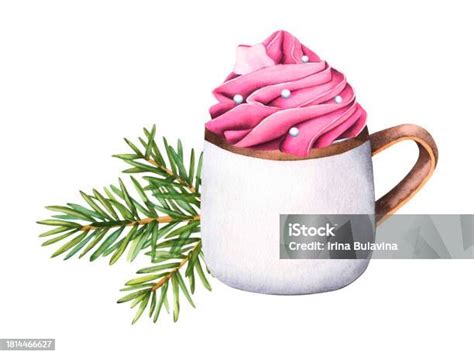 휘핑 크림 과자 스프링클 토핑 별과 구슬을 곁들인 뜨거운 음료 초콜릿 컵 전나무 가지 수채화 일러스트 커피 머그잔 귀여운 디자인입니다 겨울 시즌 따뜻한 카카오 바 메뉴 0