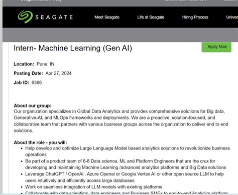 Seagate Hiring Intern Machine Learning Gen Ai Beb Techmem