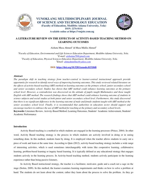 Pdf A Literature Review On The Effects Of Activity Based Teaching