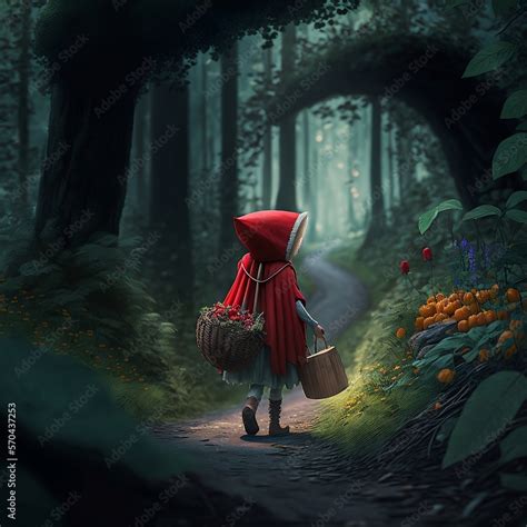Little Red Riding Hood Walking Along A Forest Trail With A Basket Full