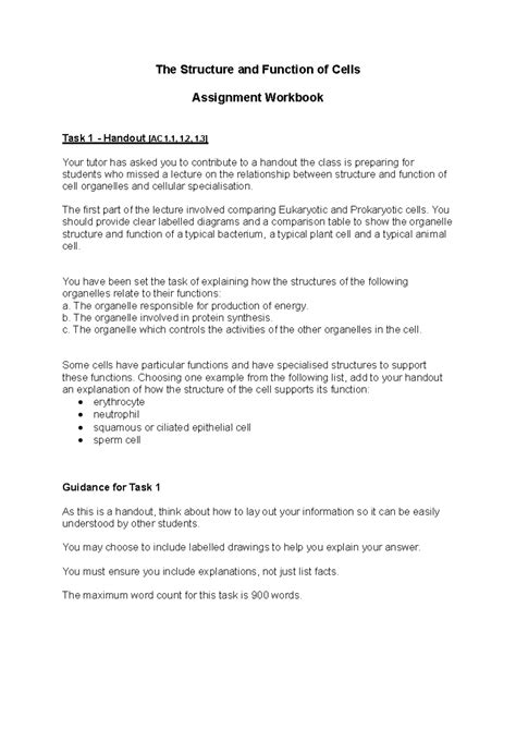 Unit 4 Workbook Structure Function Of Cells Assignment Guide Studocu