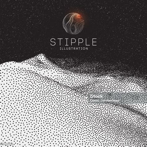 도트 워크 스타일의 산의 벡터 풍경 스티플 일러스트 디자인 오래된 복고풍 도트 텍스처 빈티지 그라디언트 포인트리즘 그래픽 곡물 지형 배경 화면 0명에 대한 스톡 벡터 아트