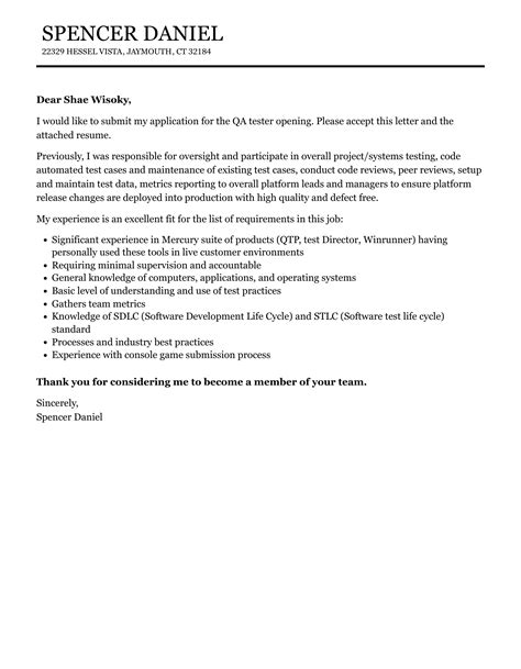 QA Tester Cover Letter Velvet Jobs