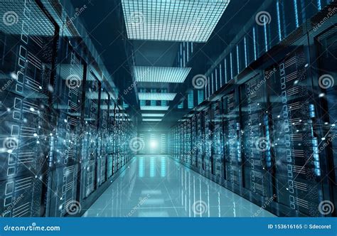 Rede Da Conexão Na Rendição Dos Sistemas 3D Do Armazenamento Da Sala Do Centro De Dados Dos