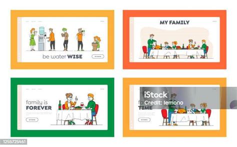 가족 저녁 식사 쿨러와 거리 방문 페이지 템플릿 세트에서 물을 마시는 사람들 식탁에 앉아 먹는 부모 조부모 아이들 휴일 축하 선형 벡터 일러스트레이션 아이에 대한 스톡 벡터