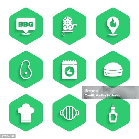 바베큐 석탄 가방 그릴 소스 병 버거 요리사 모자 스테이크 고기 불 불꽃과 아이콘이 있는 위치를 설정합니다 벡터 가방에 대한