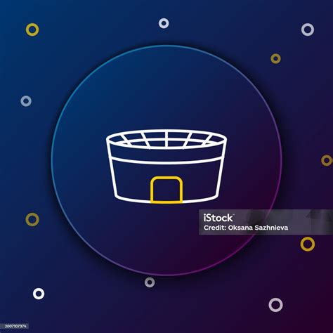 흰색과 노란색 선 진한 파란색 배경에 고립된 축구 경기장 아이콘입니다 축구 경기장 다채로운 윤곽선 개념 벡터 일러스트