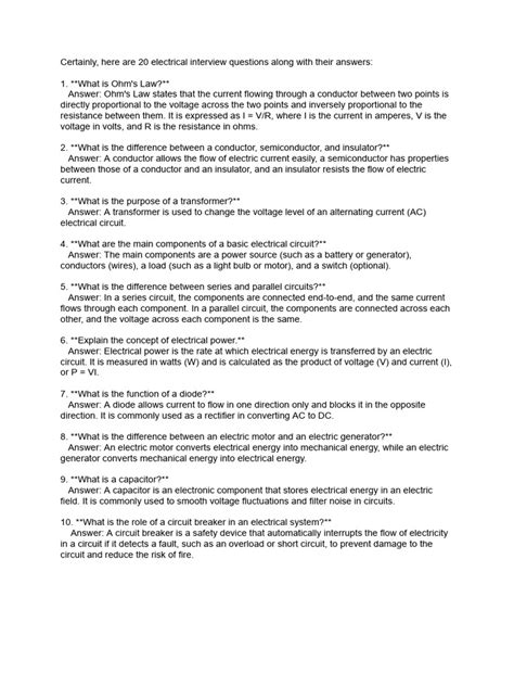 20 Electrical Interview Question Pdf Electric Current Passivity Engineering