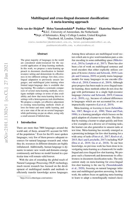 Multilingual And Cross Lingual Document Classification A Meta Learning