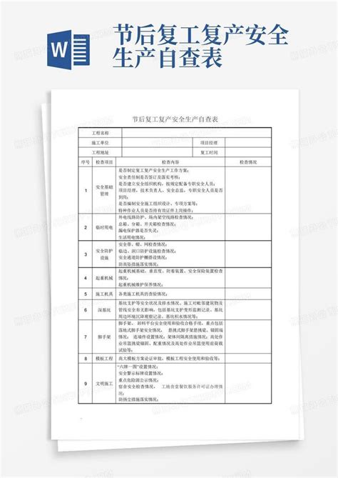 节后复工复产安全生产自查表 Word模板下载 编号qvedrvok 熊猫办公