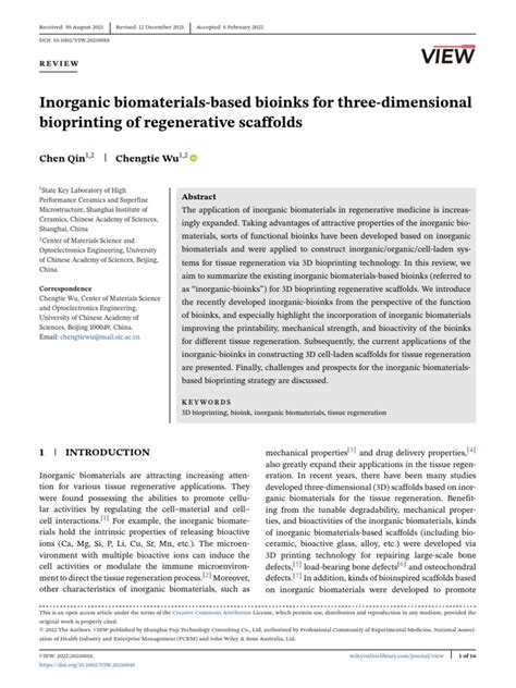 Inorganic Biomaterials Based Bioinks For Three Dimensional Bioprinting Of Regenerative Scaffolds