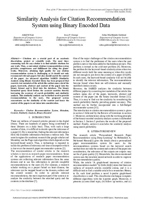 Pdf Similarity Analysis For Citation Recommendation System Using Binary Encoded Data