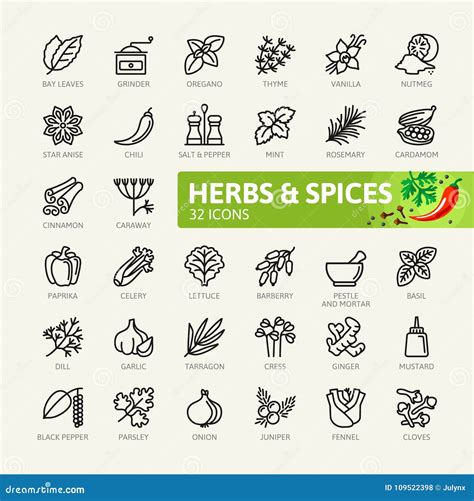 Spices Condiments And Herbs Minimal Thin Line Web Icon Set Outline Icons Collection Stock