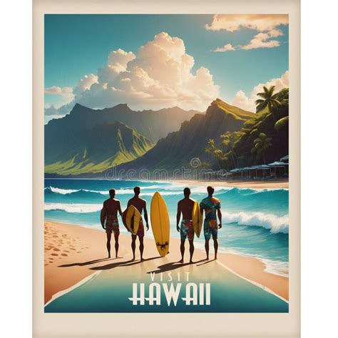 Visit Hawaii Surfer Travel Poster Stock Illustration Illustration Of