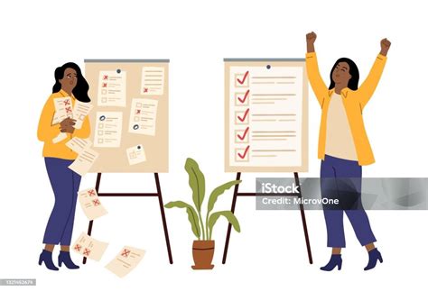 성공적인 시간 관리 실패한 계획 이나 작업 화가 행복 한 여자 체크리스트 관리자 목록 사무실 또는 비즈니스 걸 벡터 문자 개념에 대한 스톡 벡터 아트 및 기타 이미지