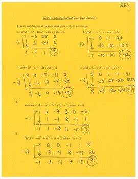 Synthetic Substitution Worksheet With Step By Step Answers TPT