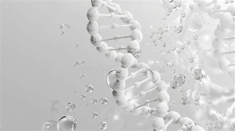 Detailed 3d Render Of A White Dna Helix Against A White Background Surrounded By Water Bubbles