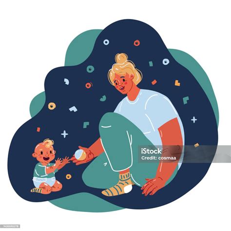 엄마의 만화 벡터 일러스트 레이 션은 수영하기 전에 그녀의 아이를위한 수영 반지를 Prepair합니다 베이비 시터 또는 어머니는 유아 소년과 놀고 있습니다 가족에 대한 스톡