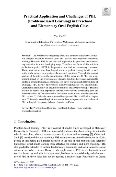 Pdf Practical Application And Challenges Of Pbl Problem Based Learning In Preschool And