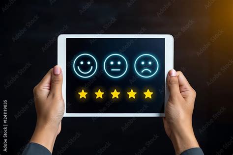 Tablet Displaying Customer Feedback Rating Stars And Emoticons Sad Data Happy Score Review