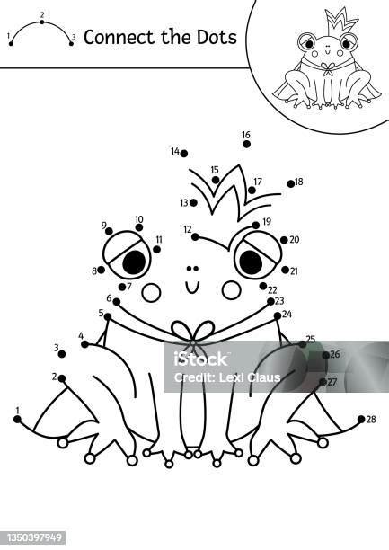 귀여운 개구리 왕자와 벡터 점 투 도트 및 색상 활동 마법의 왕국은 판타지 생물과 아이들을위한 점 게임을 연결합니다 아이들을위한 동화 색칠 페이지 인쇄 가능한 워크시트 왕자