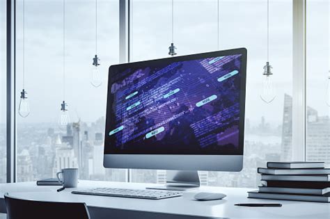 현대 컴퓨터 모니터 국제 소프트웨어 개발 개념에 세계지도와 추상적 인 창조적 인 코딩 그림 3d 렌더링 0명에 대한 스톡 사진 및 기타 이미지 Istock