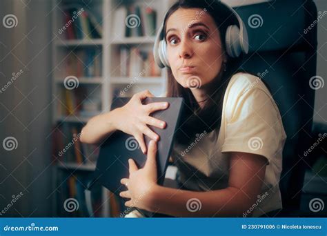 Woman Worried About Online Privacy And Personal Data Holding Laptop Stock Photo Image Of