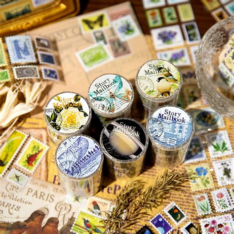 手賬膠帶 銅版紙不乾膠膠帶 故事郵冊系列 復古藝文風郵票貼紙 手帳素材 DIY裝飾拼貼 6款 蝦皮購物