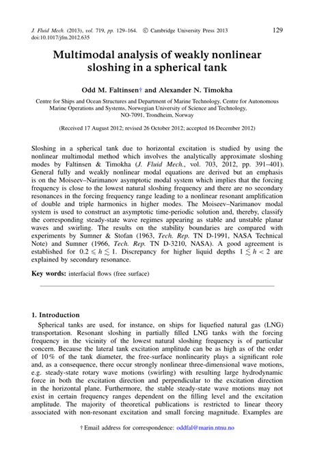 Pdf Multimodal Analysis Of Weakly Nonlinear Sloshing In A Spherical Tank