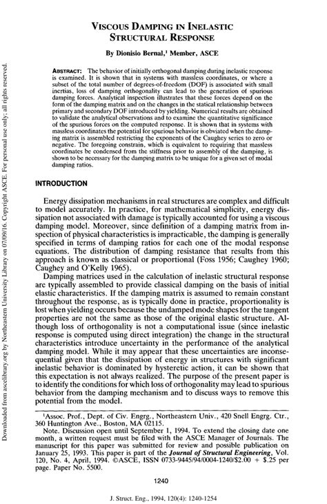 Pdf Viscous Damping In Inelastic Structural Response