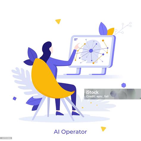 책상에 앉아서 컴퓨터 화면에서 신경망과 인간의 머리를 바라보는 여자 인공 지능 과학 연구 Ai 운영자의 개념 포스터에 대 한 현대 평면 벡터 그림 개념에 대한 스톡 벡터
