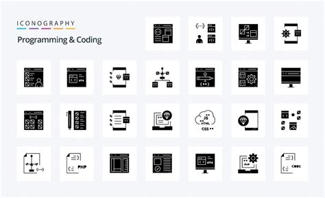 premium vector 25 programming and coding solid glyph icon pack vector