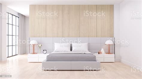 현대 미니 멀 스타일 아늑한 화이트 룸 그리고 간단한 편의 천연 나무 3d 렌더링에 흰 침대와 침실 인테리어 Dssign 단일 이미지에 대한 스톡 사진 및 기타 이미지