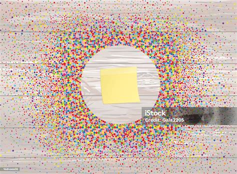 화려한 색종이의 더미에 휴가를 빈 초대 메모에 대 한 종이의 빈 노란색 시트입니다 스티커입니다 나무 배경 벡터입니다 텍스트 또는 광고에 대 한 장소입니다 생일 인사말 카드