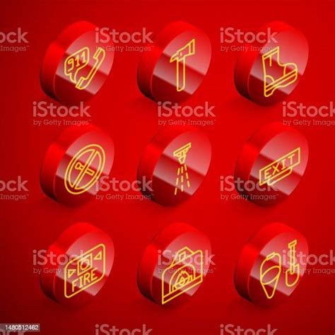 회선 전화 911 소방관 도끼 부츠 화재 일치 없음 스프링클러 출구 경보 시스템 및 내부 벽난로 아이콘을 설정합니다 벡터 3차원 형태에 대한 스톡 벡터 아트 및 기타 이미지