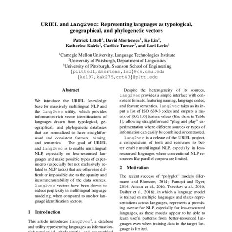 Uriel And Lang2vec Representing Languages As Typological Geographical