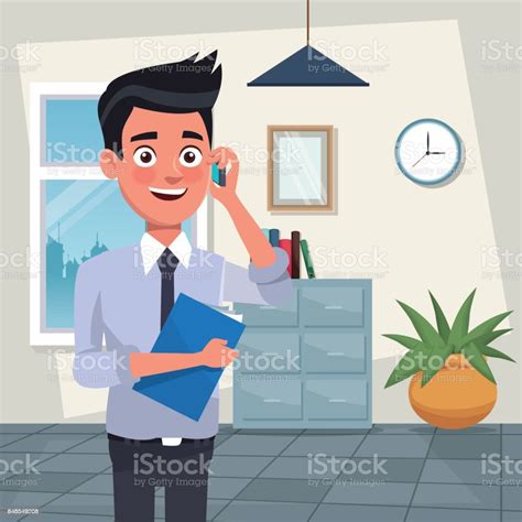 컬러 배경 직장 사무실 30 시체 폴더와 비즈니스에 대 한 젊은 남자 캐릭터와 핸드폰 이야기 경영자에 대한 스톡 벡터 아트 및