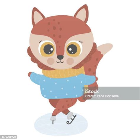 귀여운 작은 푹신한 여우가 얼음 위에서 스케이트를 타고 있습니다 흰색 배경에 야외 레크리에이션 크리스마스 고립 된 어린이 그림 인쇄 디자인 스티커 직물을위한 겨울 만화