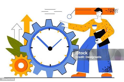 시간 관리 웹 개념 비즈니스 계획 및 성공적인 개발 전략 Man은 작업 프로세스 생산성 워크플로우를 조직했습니다 평면 선 디자인의 웹 페이지 템플릿에 대한 벡터 그림 개념에