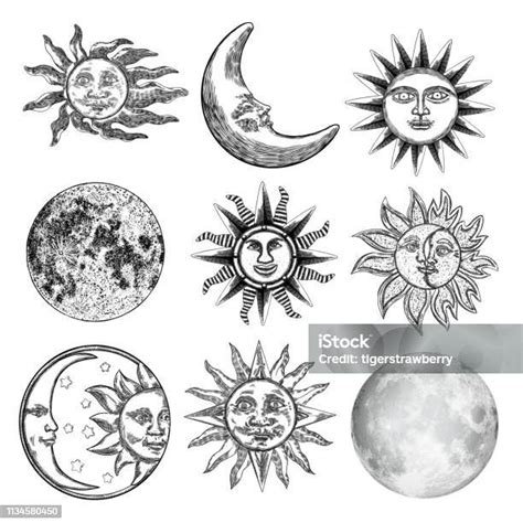 다른 달과 태양 스타일의 큰 세트 손과 검은 색과 흰색 고립 된 얼굴 또는 행성 같은 인간으로 초승달과 바보 달의 그려진 된 스케치 상세한 골동품 빈티지 스타일 점묘 그림